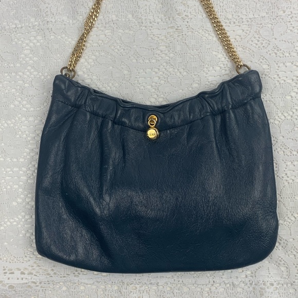 ande | Bags | Vintage Ande Mini Leather Bag Clutch Gold Chain Navy Blue ...